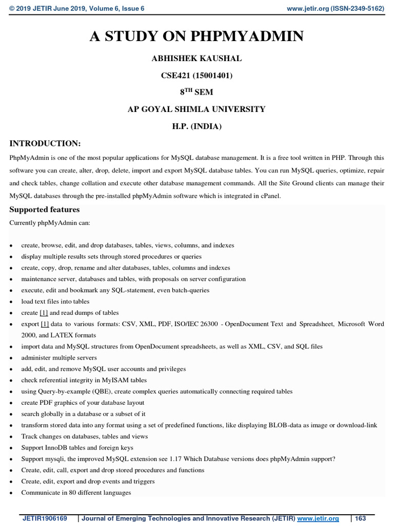JETIR1906169 Phpmyadmin Tutorial | PDF | Databases | Database Index