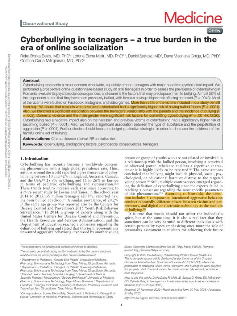 Cyberbulling Teenagers | Download Free PDF | Cyberbullying | Bullying