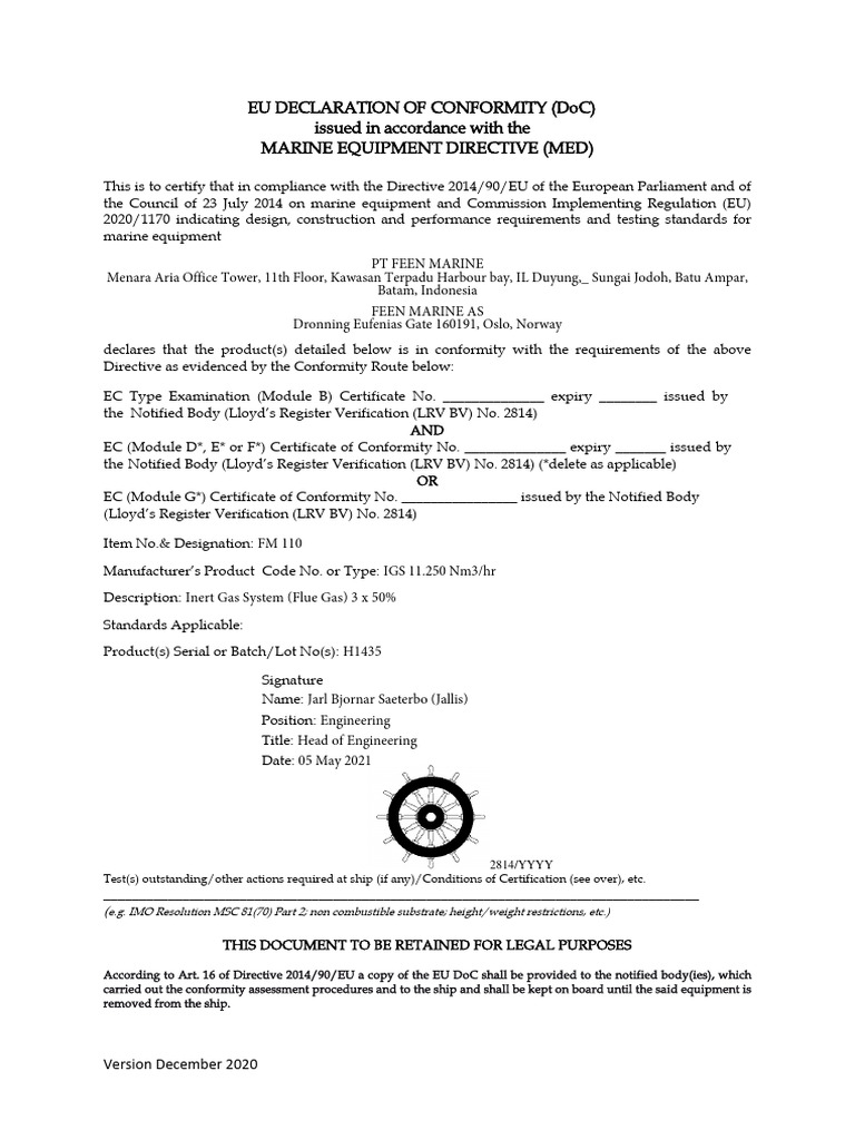 MED 103 - Declaration of Conformity - Dec 2020 | PDF | European Union ...