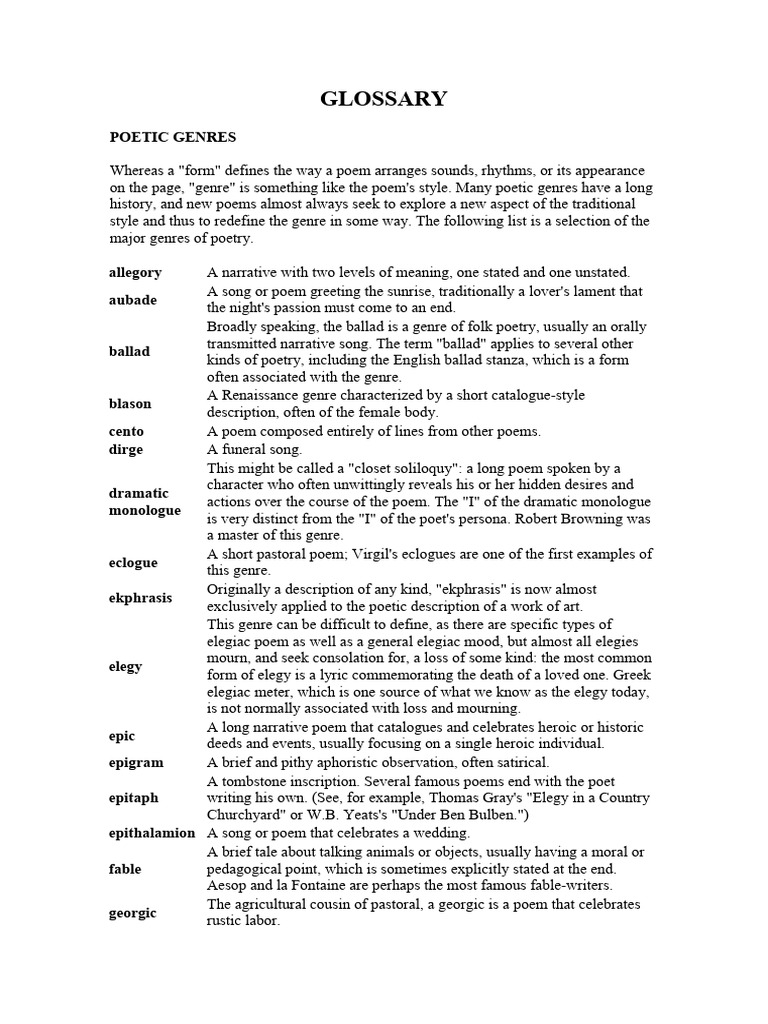 Glosary of Poetic Genres | PDF | Poetry | Genre