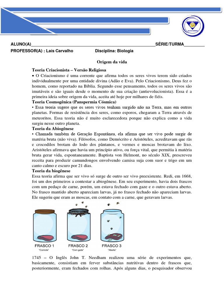 Resumo e Atividade - Biologia | PDF | Abiogênese | Vida