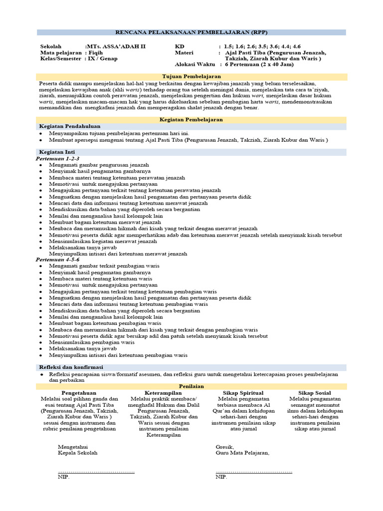 RPP Ajal Pasti Tiba (Pengurusan Jenazah, Takziah, Ziarah Kubur Dan Waris) | PDF | Karier ...