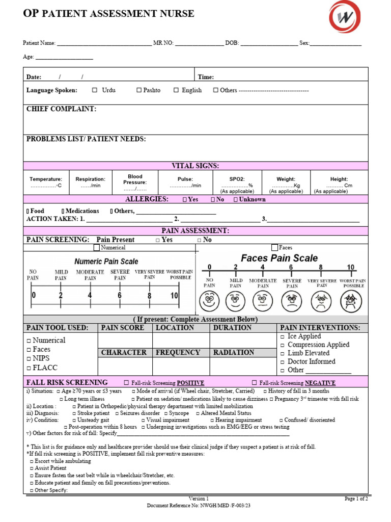 MED-F-003 OPD Patient Assesment Nurse | PDF | Major Depressive Disorder ...