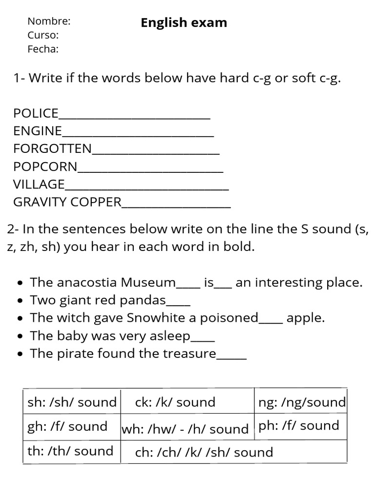 English Exam: C-G Sounds & Digraphs | PDF | Teaching Methods & Materials