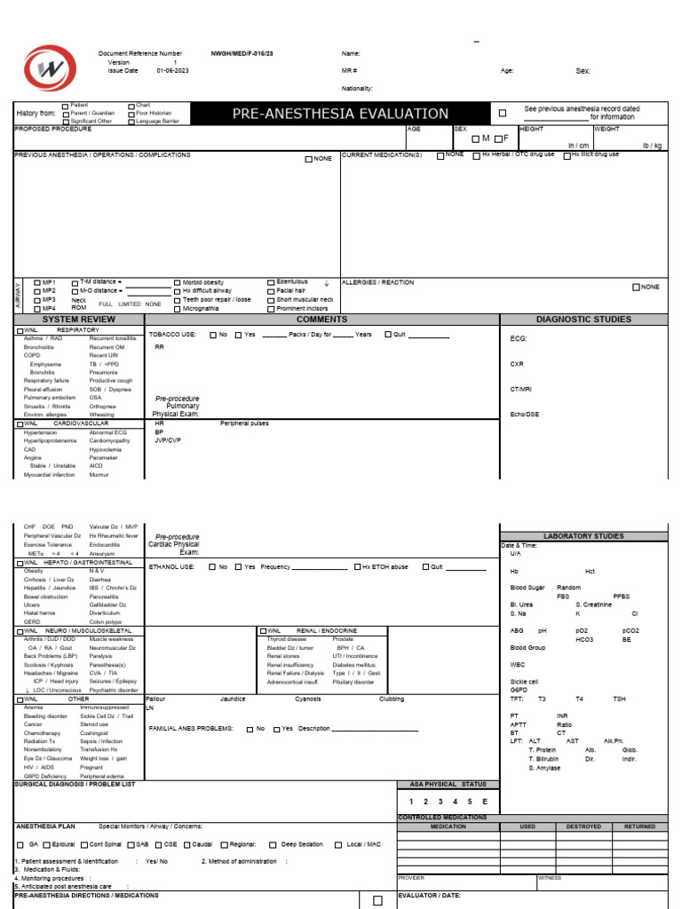 MED F 015 Pre Anesthesia Record Form PDF Chronic Obstructive