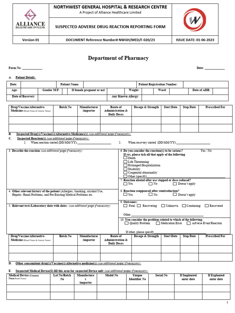 Med-F-020 Adverse Drug Reaction Reporting Form | PDF | Dose ...
