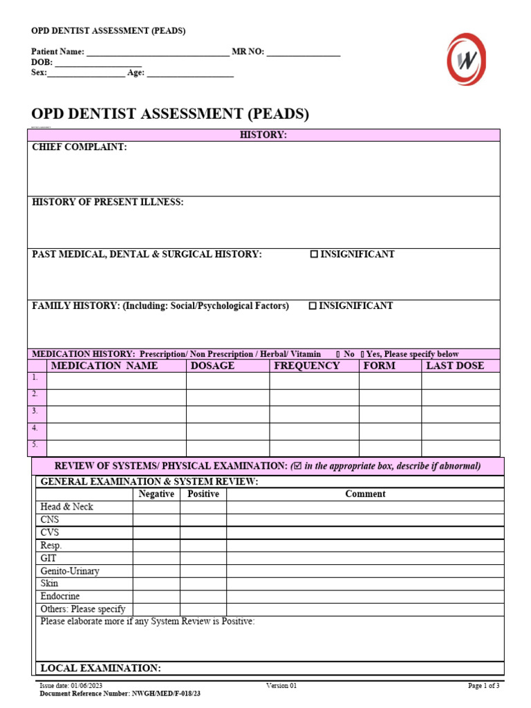 MED-F-018 OPD-Dentist Assessment PEADS | PDF | Dentist | Diseases And ...