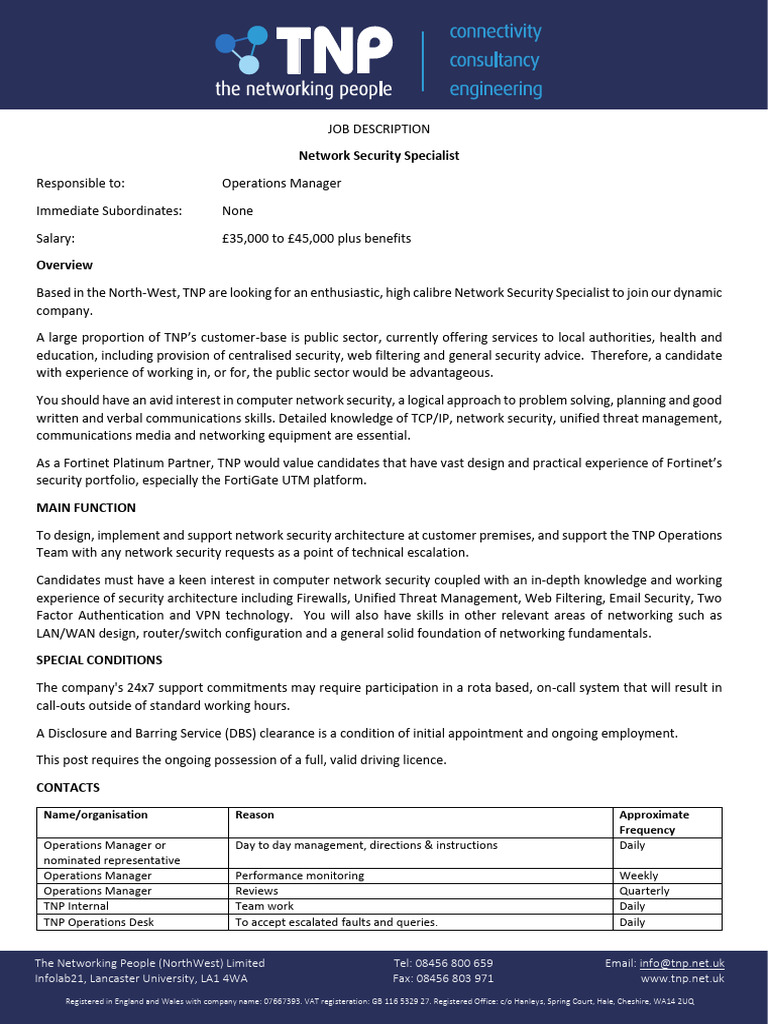 Network Security Specialist Role at TNP | PDF | Computer Network | Computer Security