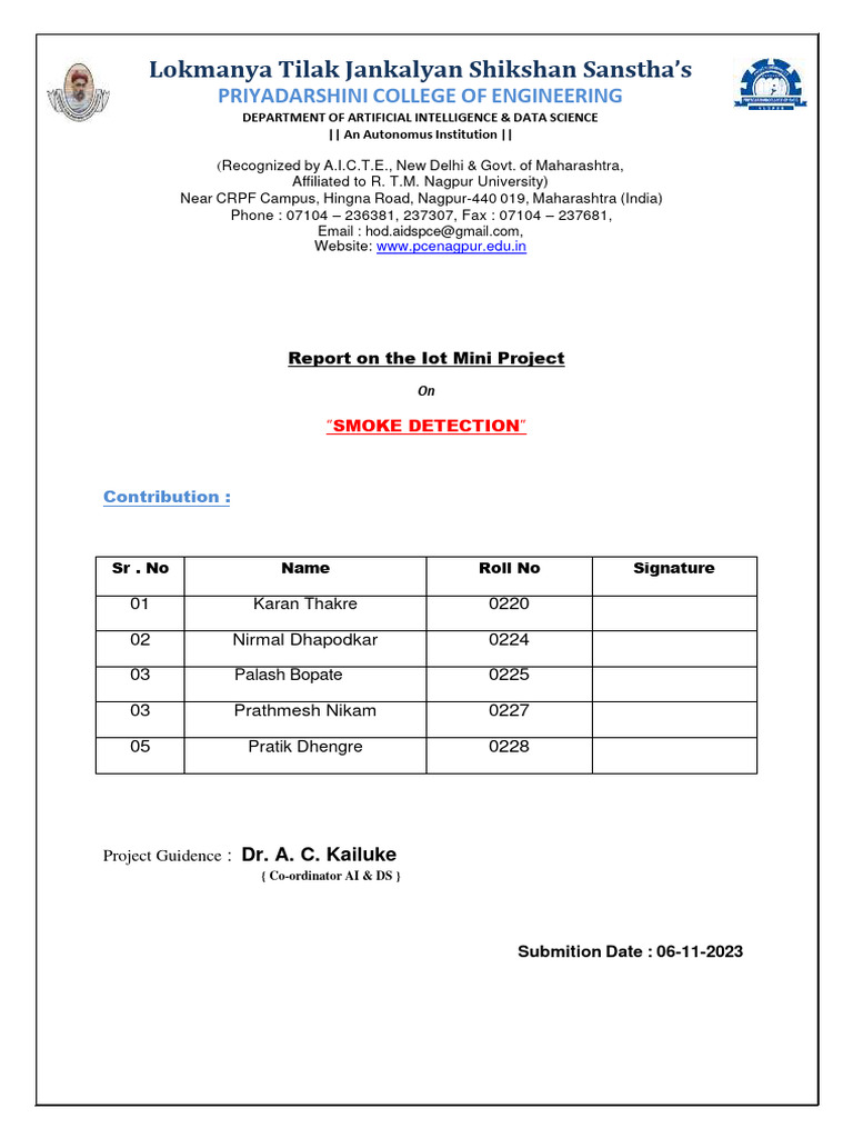 SMOKE DETECTION Mini Project Report | PDF | Internet Of Things | Arduino