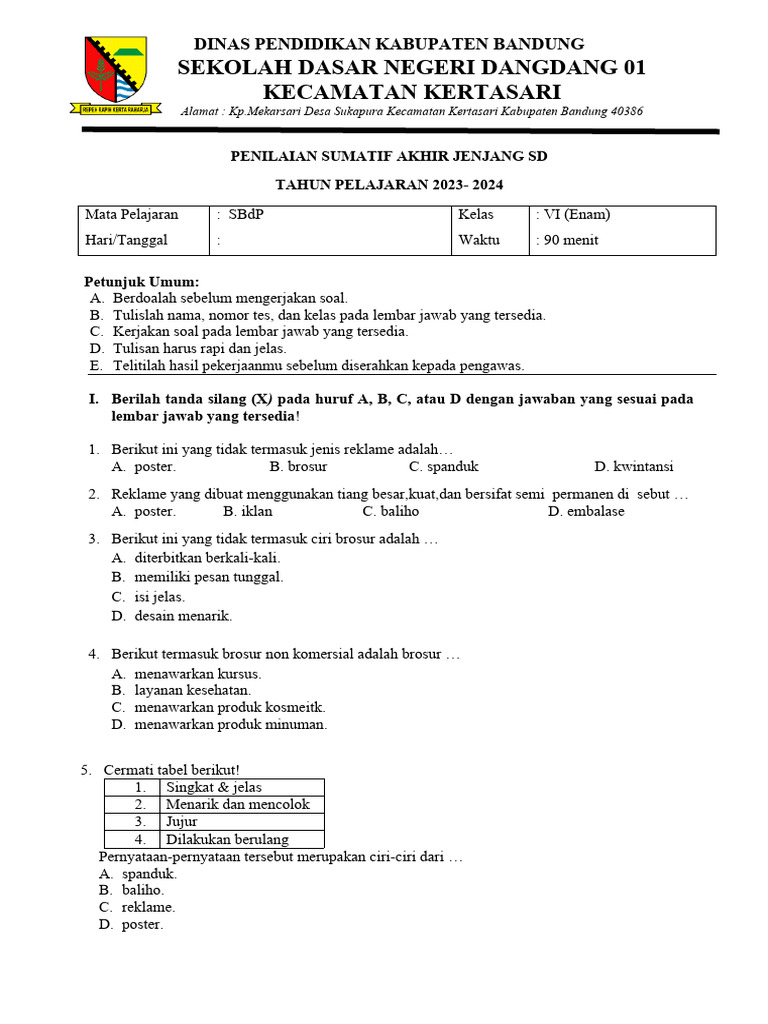 Naskah Soal Psaj SBDP 2024 | PDF | Seni