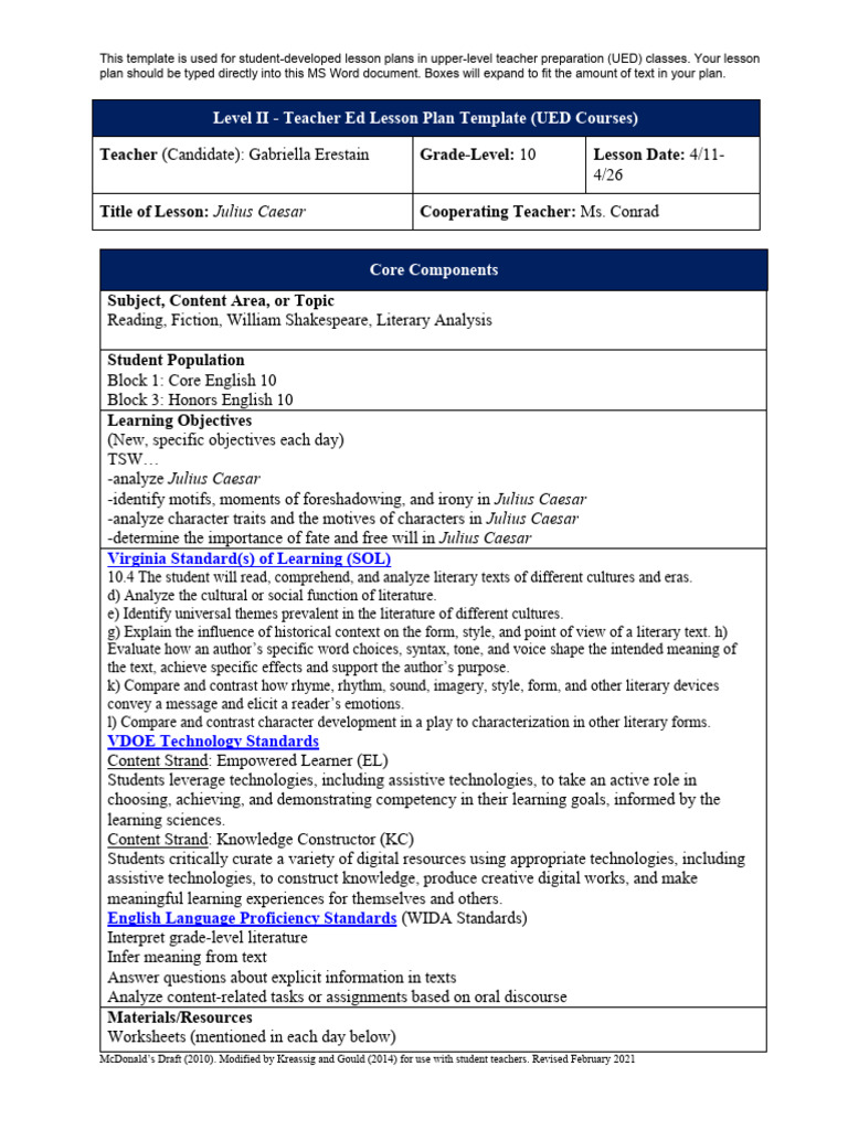 Julius Caesar LP | PDF | Lesson Plan | Learning