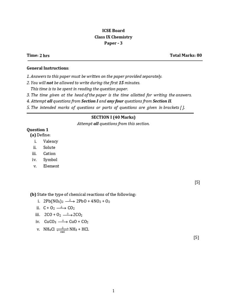 Chemistry 9 Icse Sample Paper 3 | PDF | Chlorine | Acid