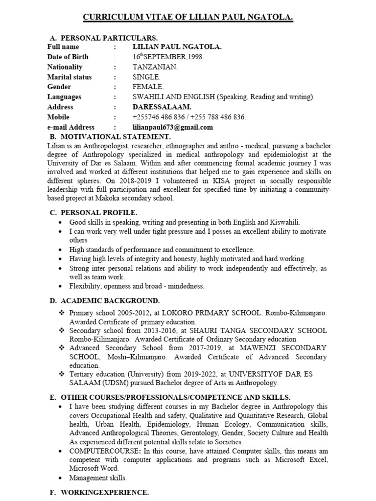 Lilian Paul Ngatola CV | PDF | Anthropology | Tanzania
