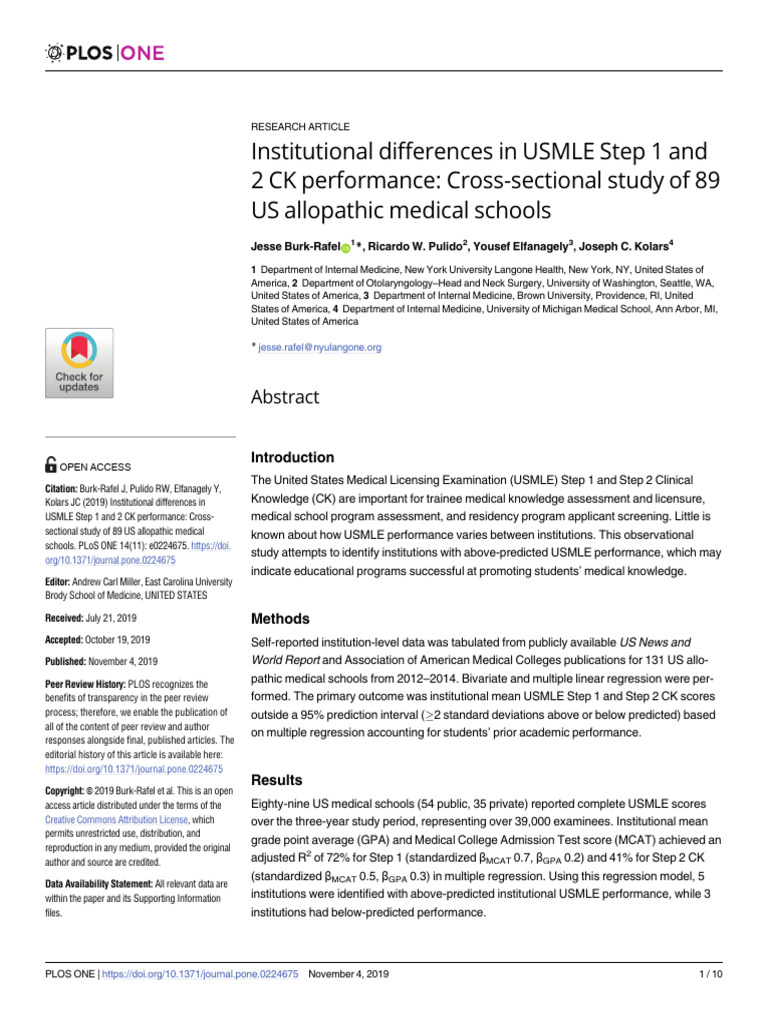 Institutional Differences in USMLE Step 1 and 2 CK Performance: Cross ...