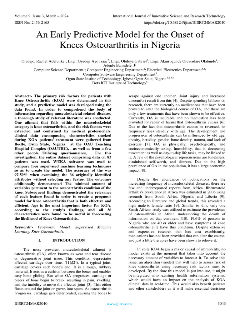 An Early Predictive Model For The Onset Of Knees Osteoarthritis In