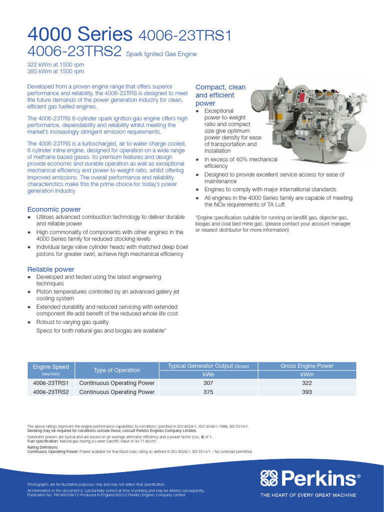 Perkins 4006 23TRS12 Gas PN1850 Soecification Sheet | PDF | Engines ...
