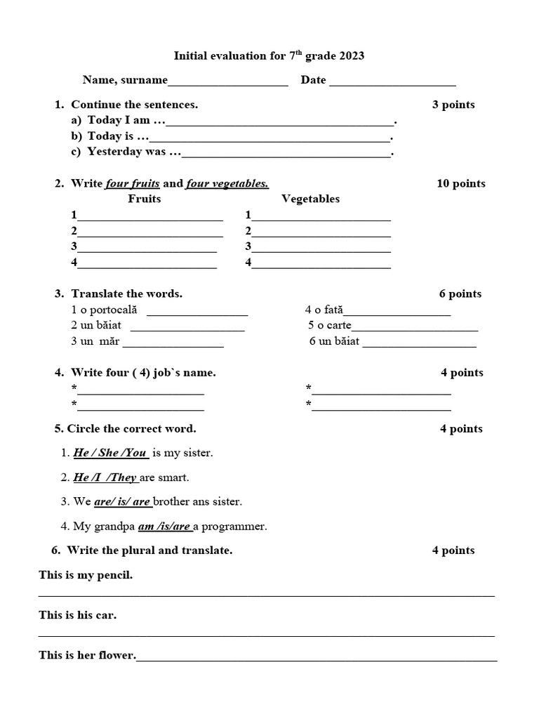 Initial Evaluation For 7th Grade 2023 | PDF