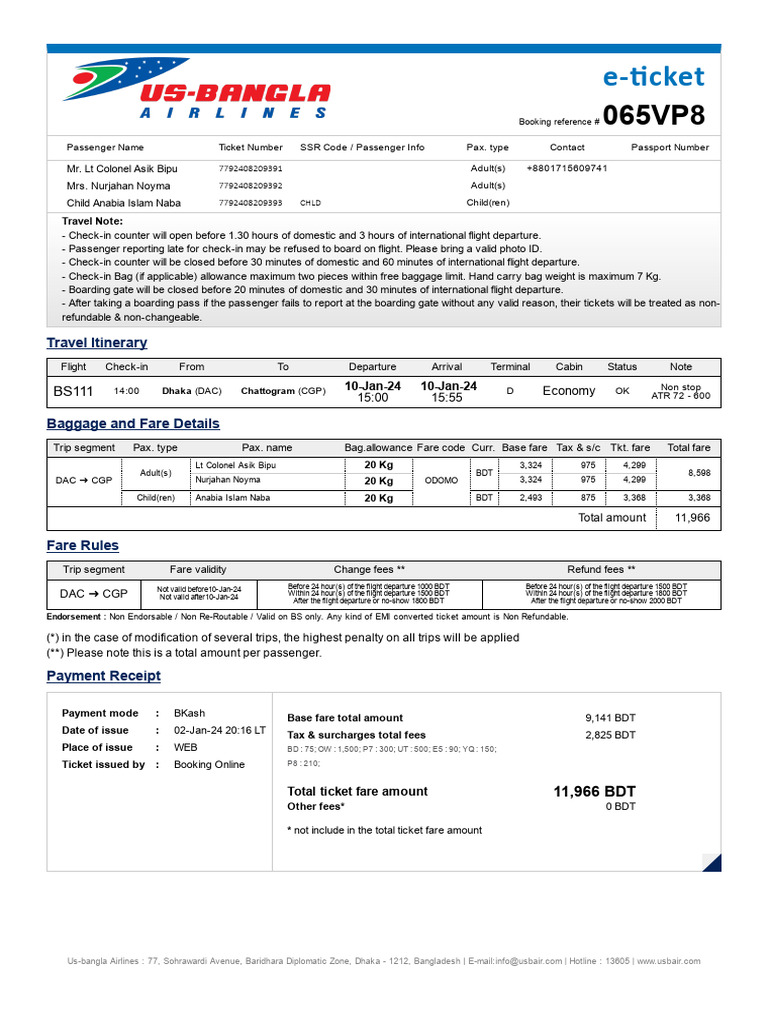 Dhaka to Chattogram Flight Itinerary | PDF | Credit Card | Baggage