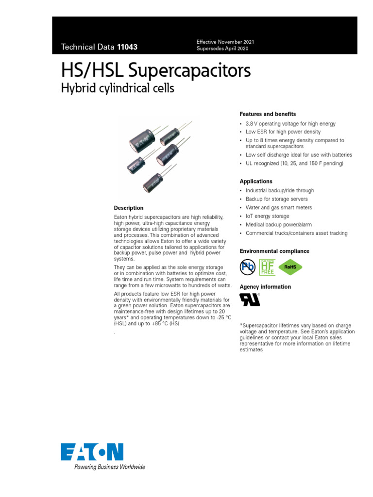 Eaton Hybrid Supercapacitor Datasheet | PDF | Electromagnetism ...