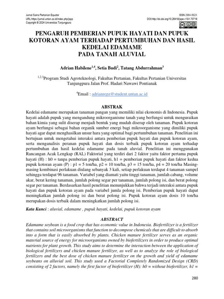 PENGARUH PEMBERIAN PUPUK HAYATI DAN PUPUK KOTORAN AYAM TERHADAP PERTUMBUHAN DAN HASIL KEDELAI ...