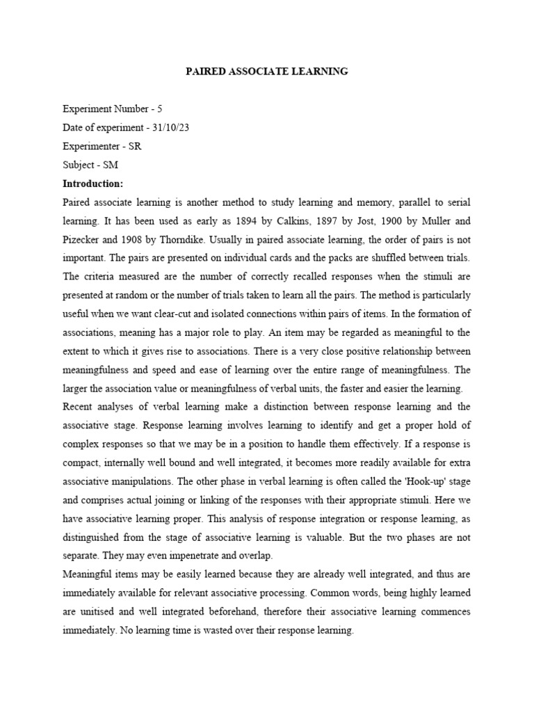 Paired Associate Learning | PDF | Learning | Recall (Memory)