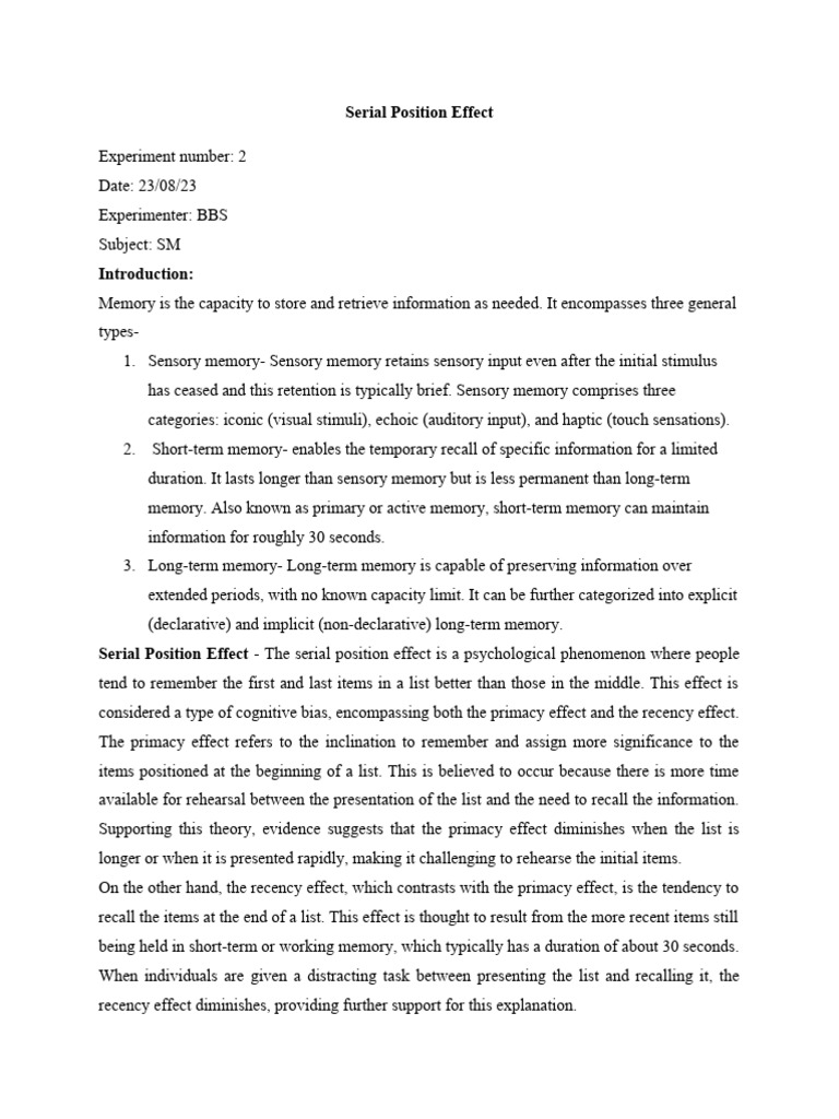 Serial Position Effect | PDF | Memory | Recall (Memory)