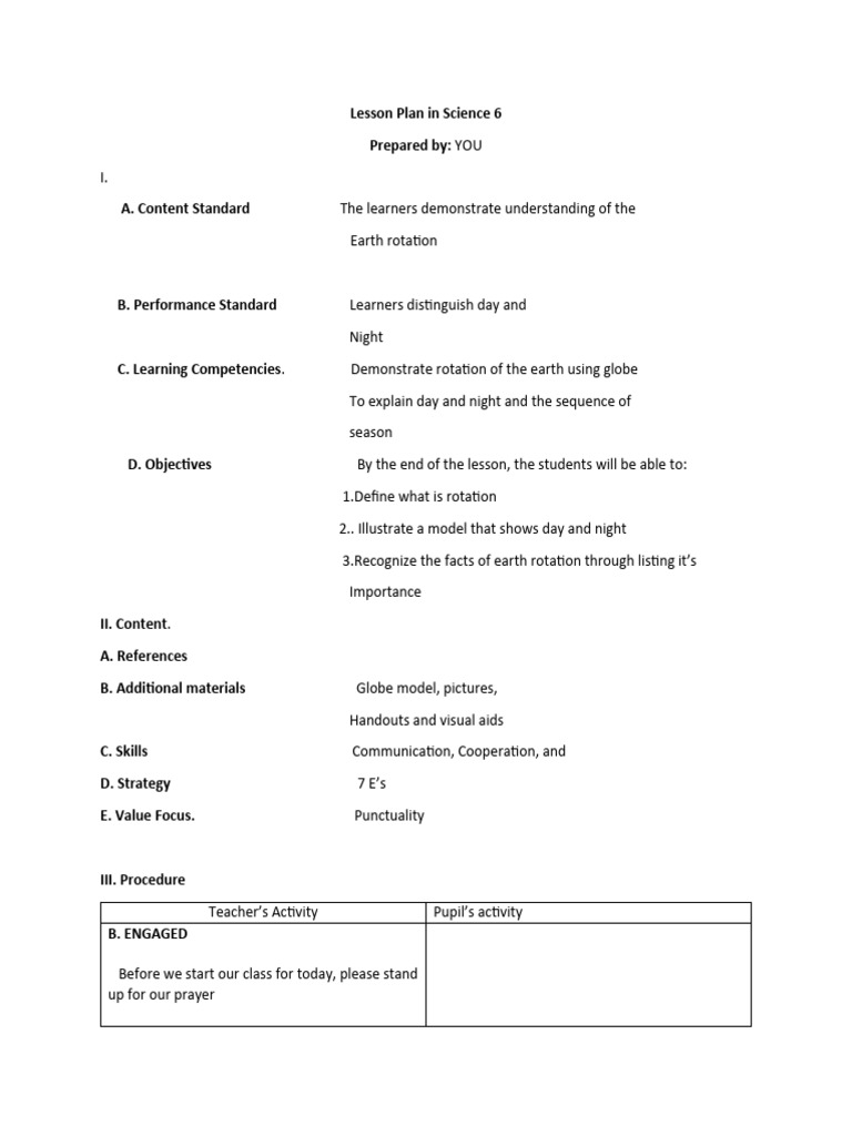 Earth Rotation Lesson Plan for Grade 6 | PDF | Rotation | Lesson Plan