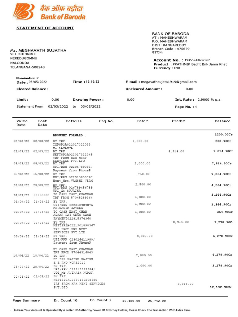 Megavth Sujatha Bank Statement | PDF | Debits And Credits | Cash