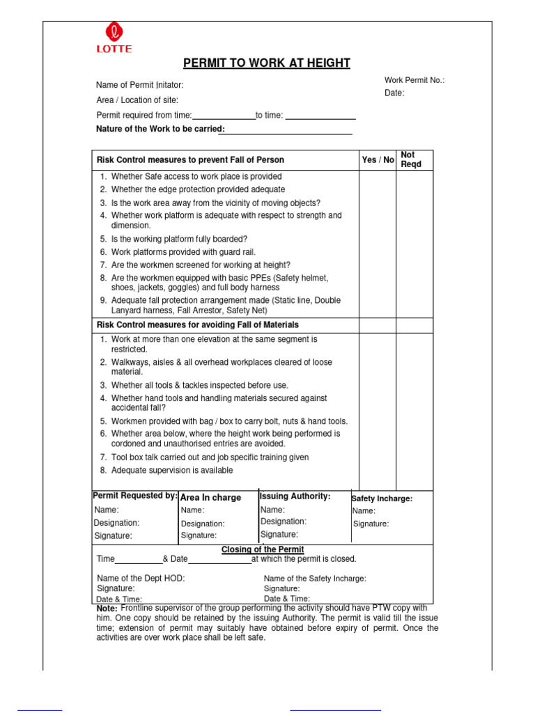 Work at Height Permit... | PDF | Occupational Safety And Health | Safety