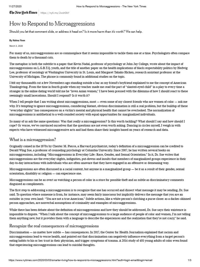 Yoon (2020) How To Respond To Microaggressions - The New York Times ...