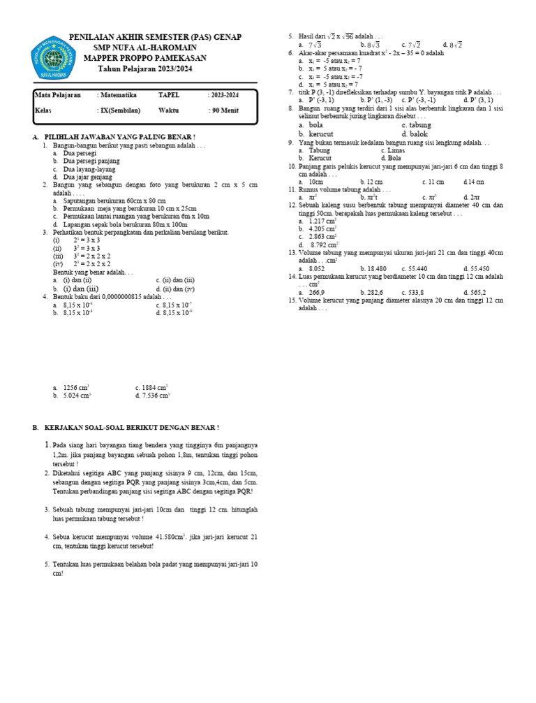 Soal Pas SMP Genap Kelas Ix Th. 2023-2024 | PDF
