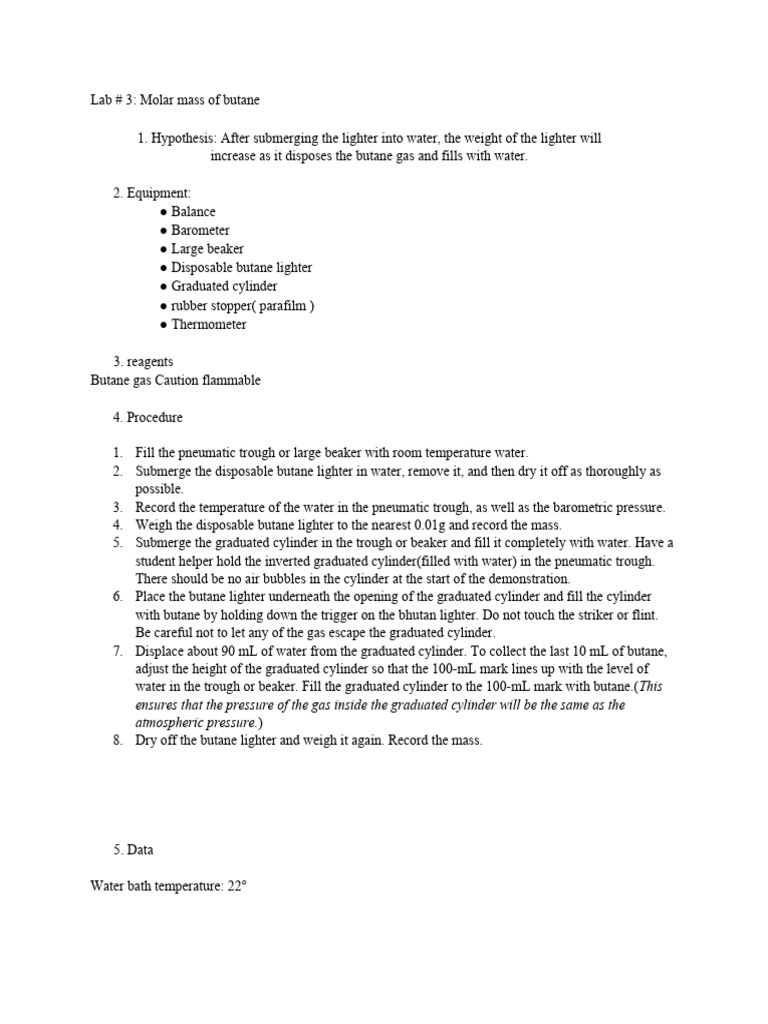Molar Mass of Butane Gas Investigation | PDF | Mole (Unit) | Gases