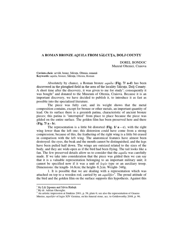 A Roman Bronze Aquila From Salcuta Dolj | PDF | Bronze