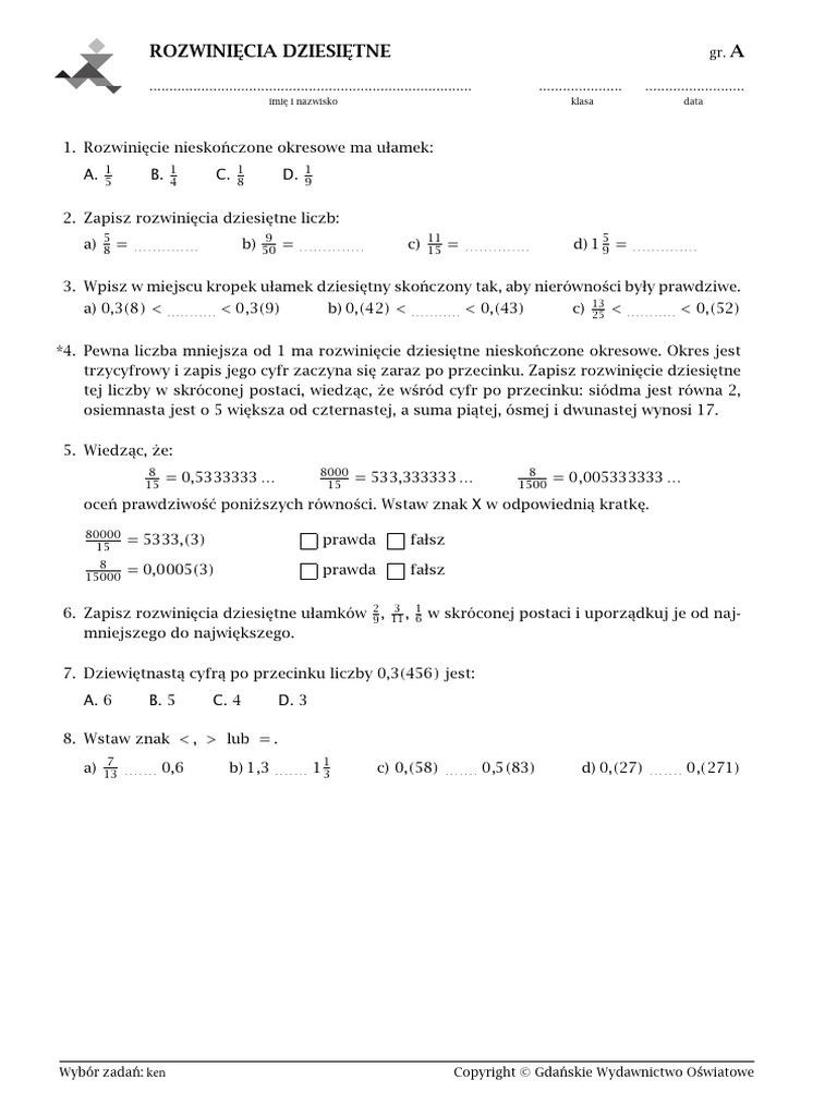 Klasa 6 Liczby Naturalne Iulamki ROZWINIECIA DZIESIETNE | PDF