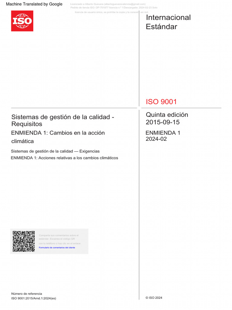 ISO 9001 2015 Amd 1 2024 (Es) | PDF | Organización internacional para la estandarización | Patentar