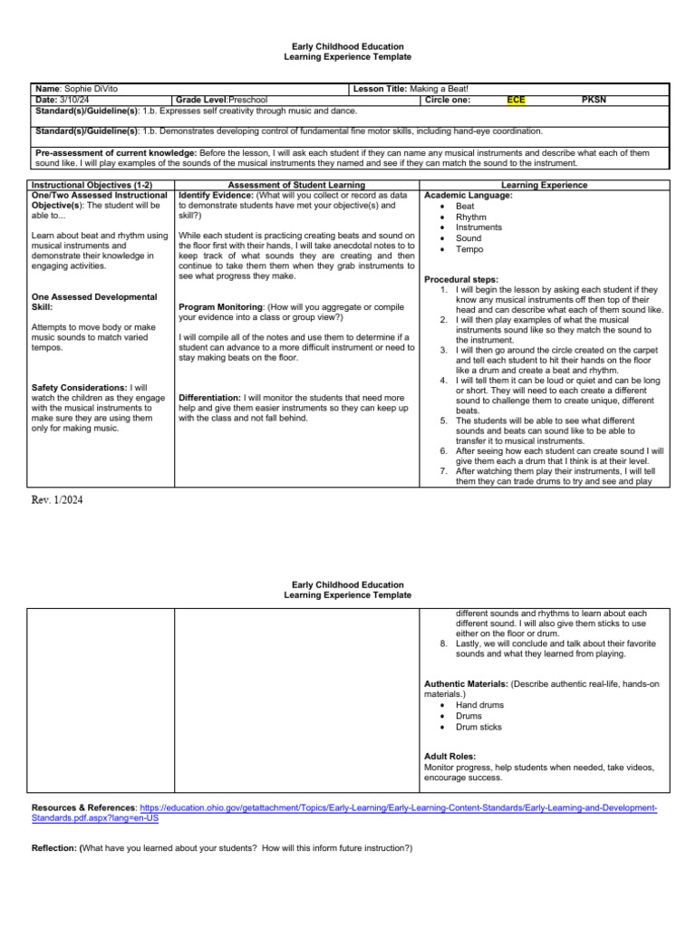 Ece Lesson Plan Template Music | PDF | Behavior Modification | Cognition