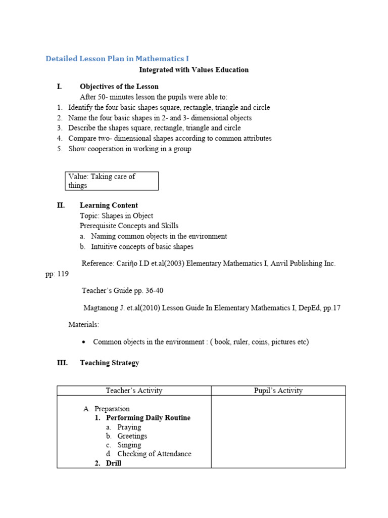 Detailed Lesson Plan in Mathematics I: Integrated With Values Education ...