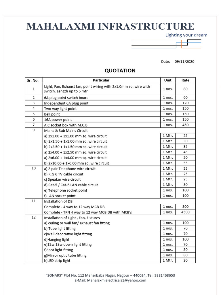 Mahalaxmi Infrastructure Electrical Quotation | PDF | Pipe (Fluid ...
