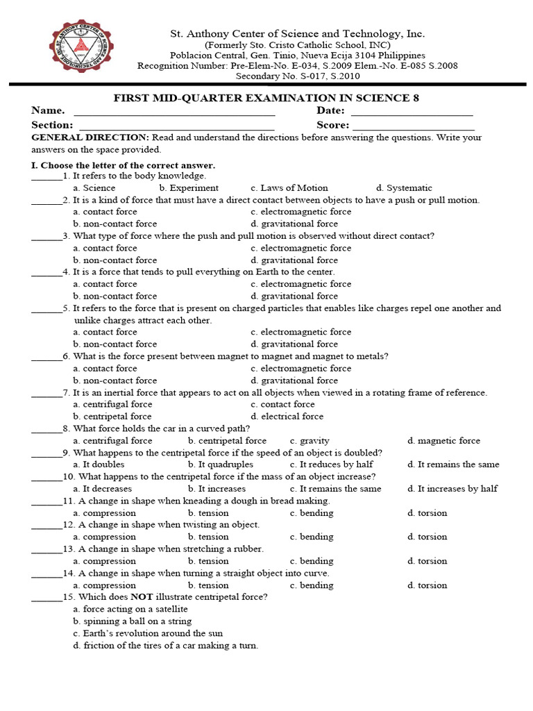 SCIENCE-8-MID-QUARTER-EXAM | PDF | Force | Tension (Physics)