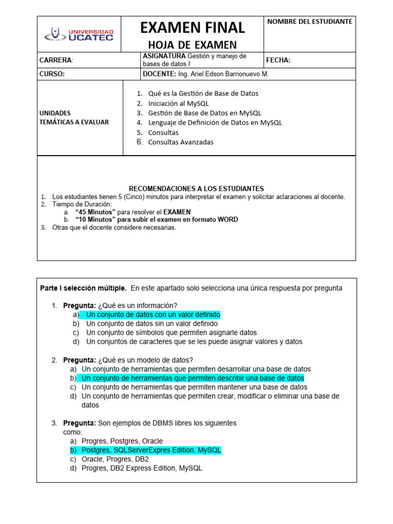 T-0V-examen Final BD | Descargar gratis PDF | SQL | Bases de datos