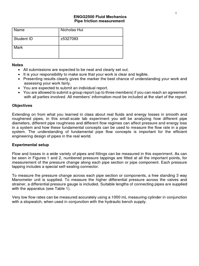 ENGG2500 Lab 3 - Pipe Friction - Ver2022 | PDF | Reynolds Number ...