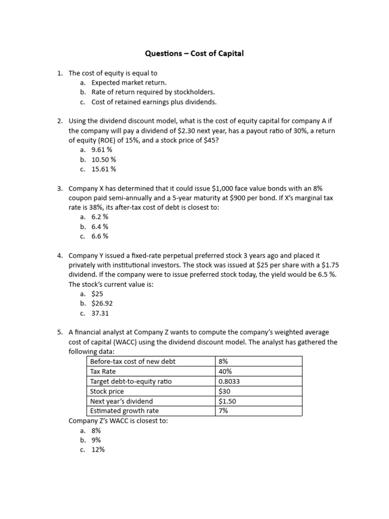 Questions - Cost of Capital | PDF | Cost Of Capital | Bonds (Finance)