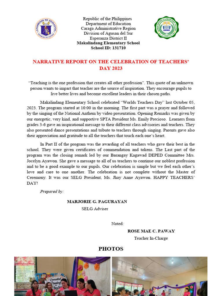 Narrative Report On The Celebration of Teachers | PDF | Nutrition ...