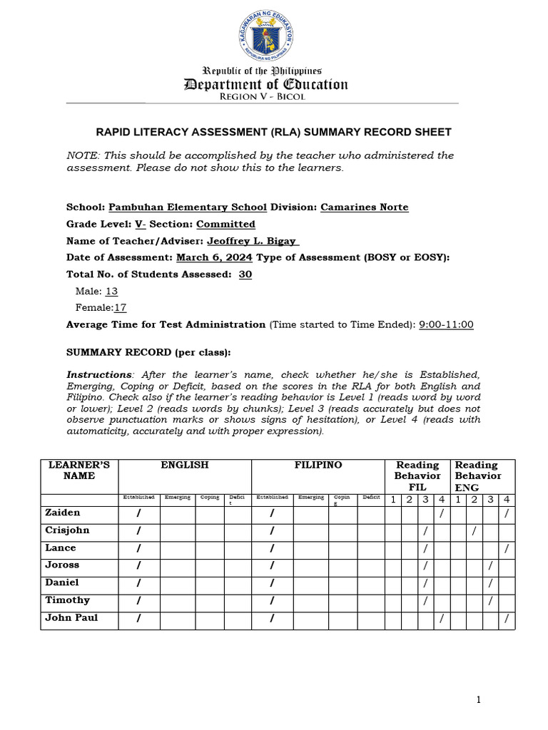 RLA Summary Record Sheet | PDF | Learning Methods | Teaching