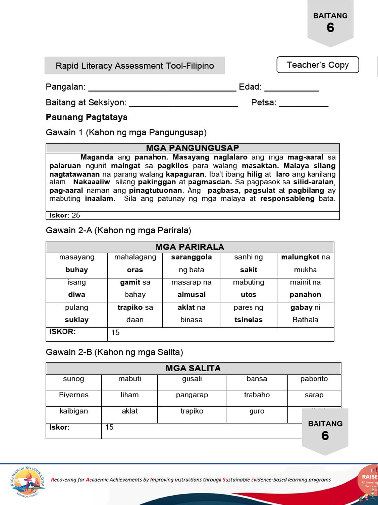 RLA Fil Grade6 Post Test Final Copy. | PDF