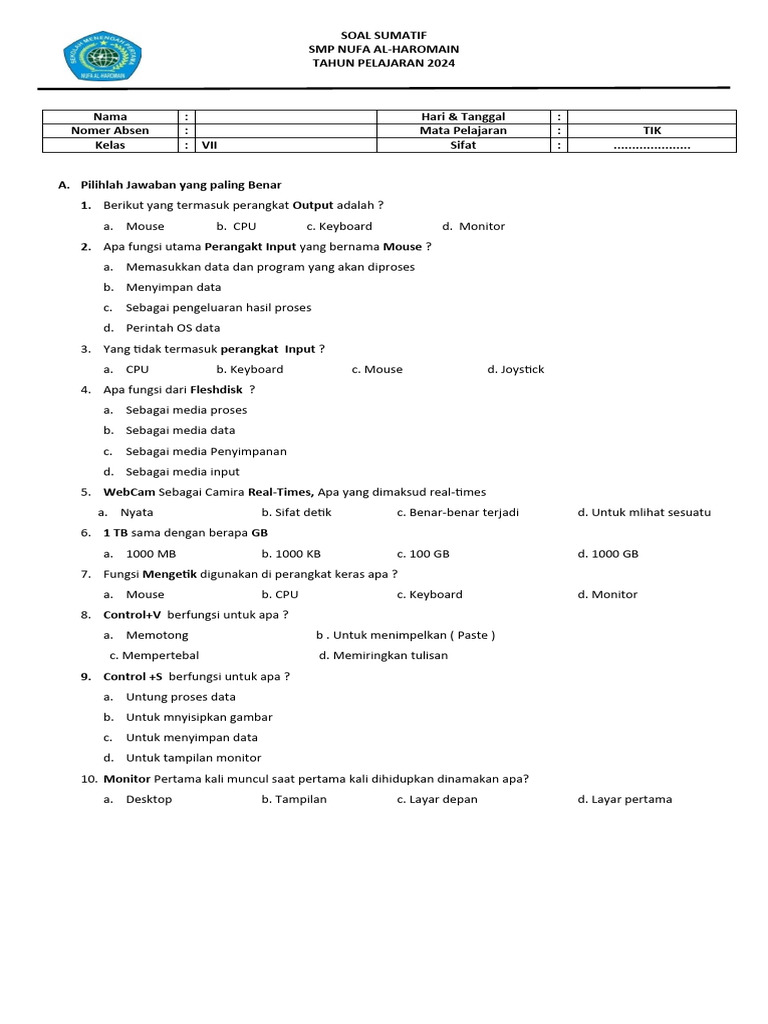 Soal Sumatif Tik SMP Vii | PDF