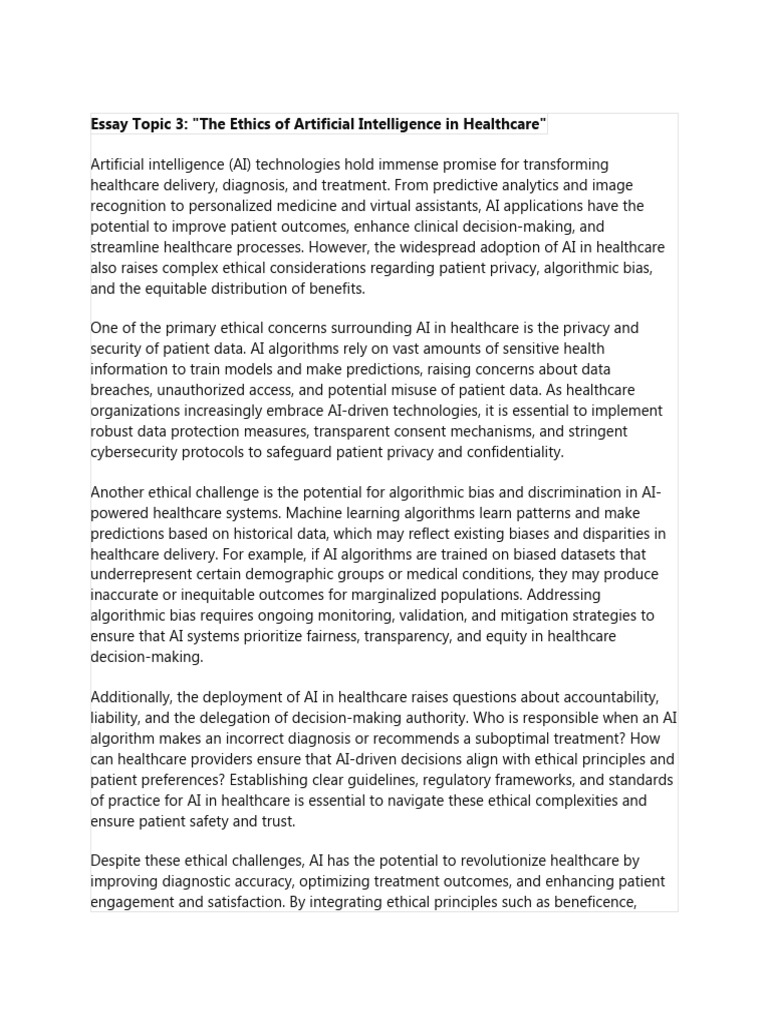 Essay Topic 3: "The Ethics of Artificial Intelligence in Healthcare ...