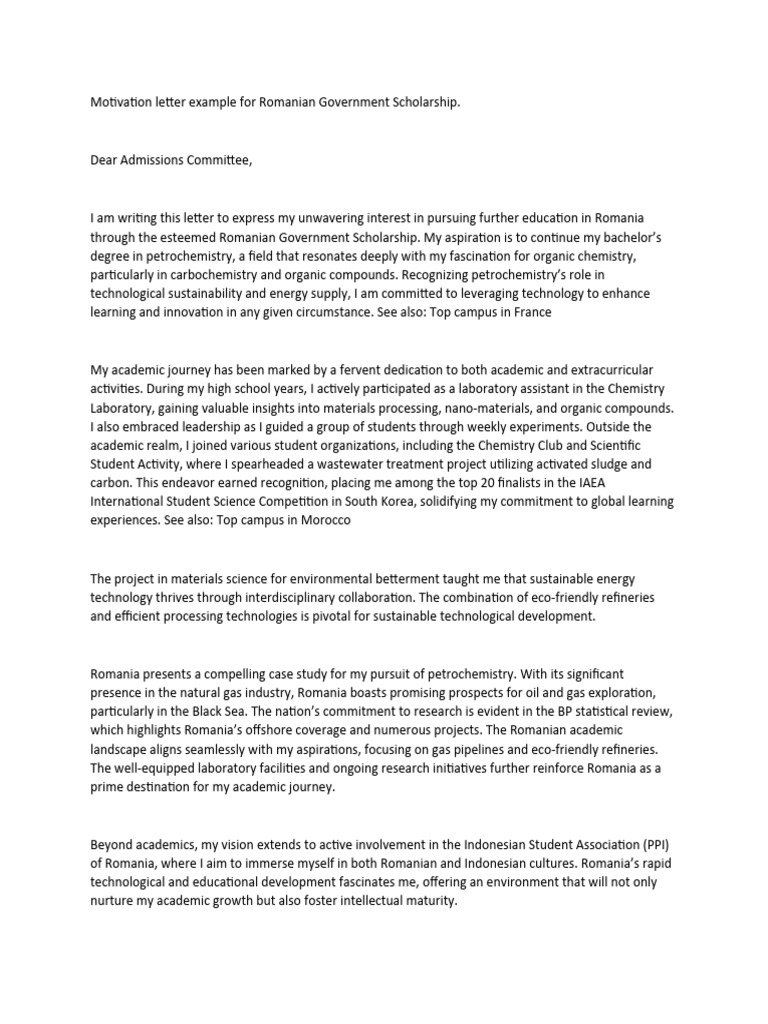 Motivation letter example for Romanian Government Scholarship | PDF