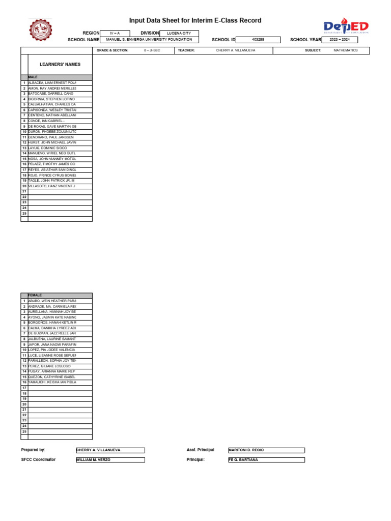 Input Data Sheet For Interim E Class Record Region Division School
