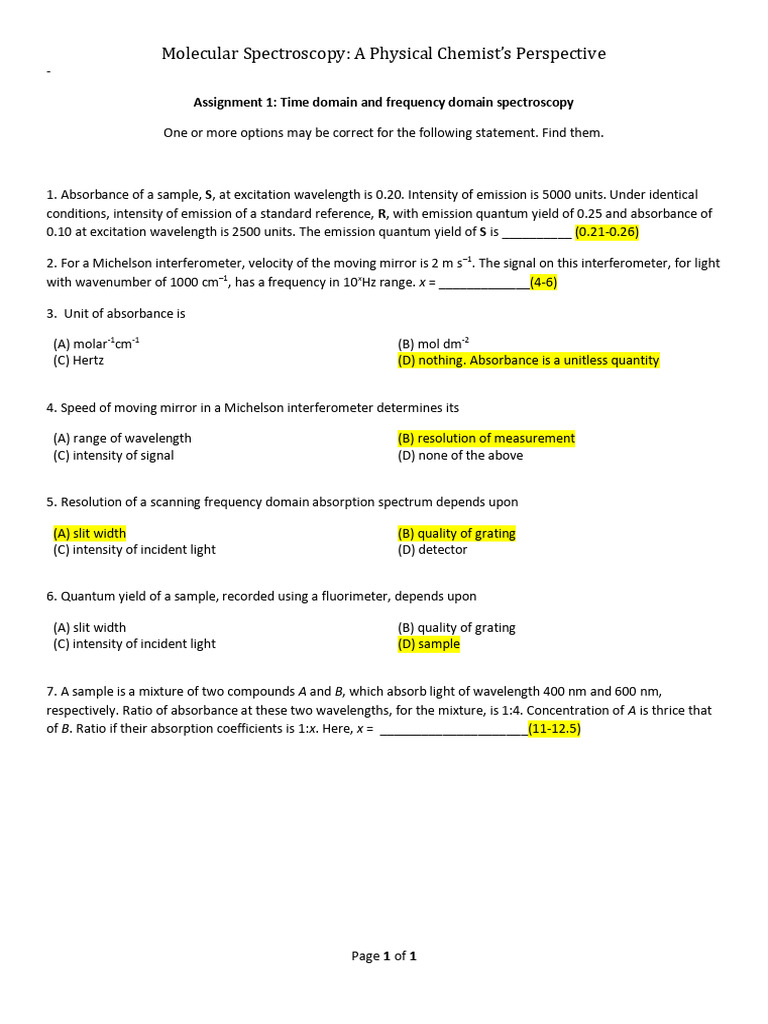 January 2024 - Molecular Spectroscopy - A Physical Chemist's Perspective - Week 1 Assignment 1 ...
